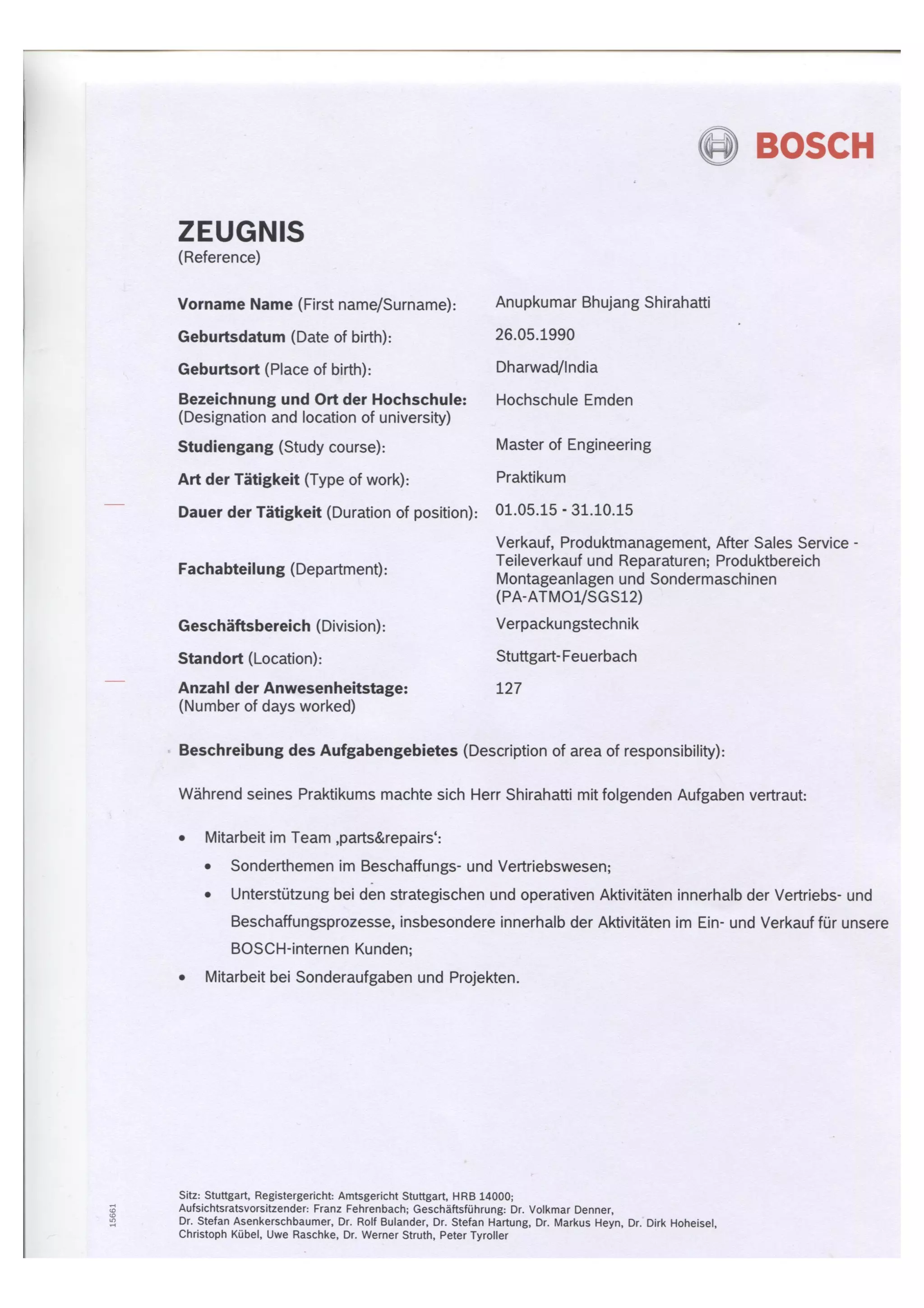 Internship certificate-Bosch | PDF