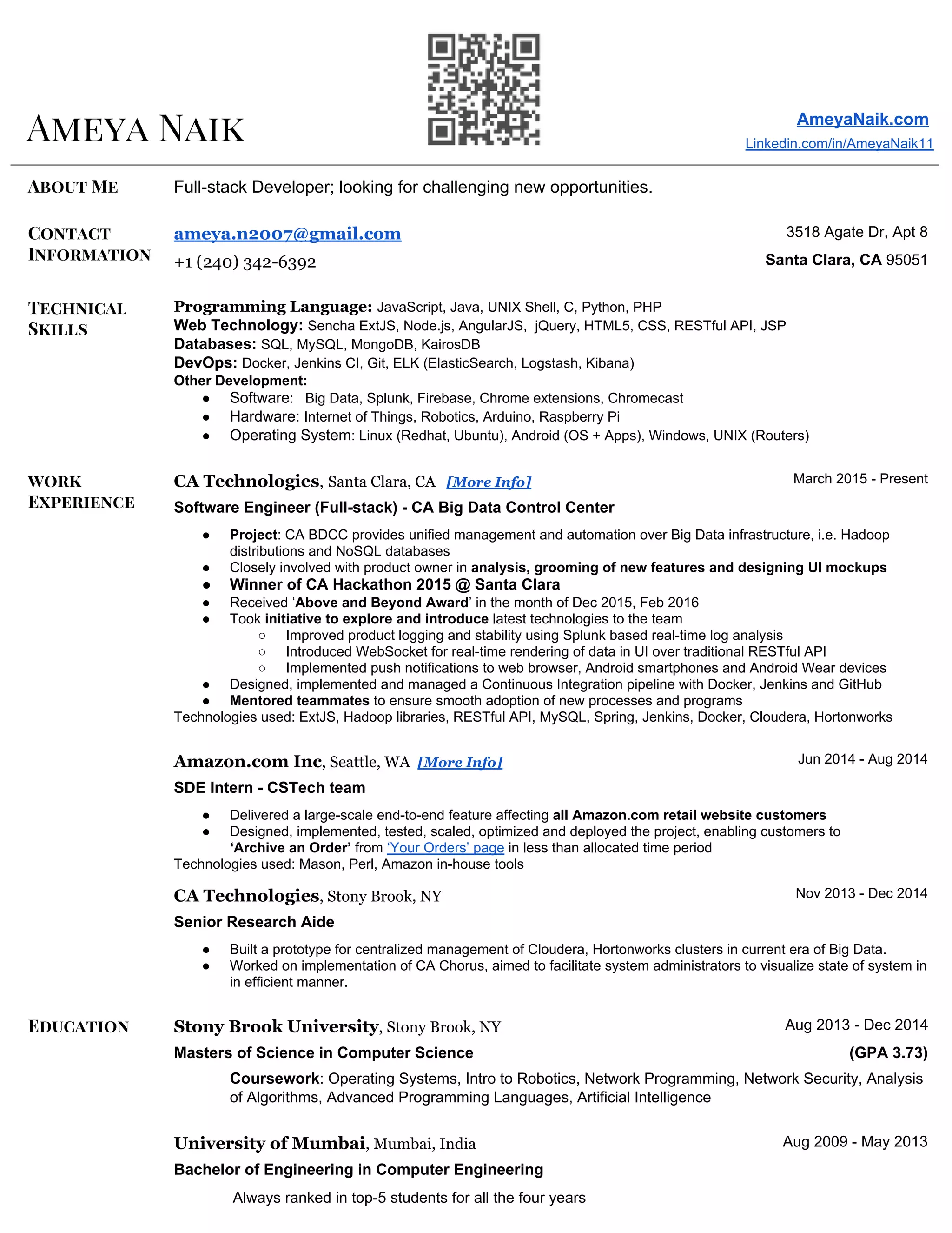 AmeyaNaik-Resume | PDF | Operating Systems | Computer Software and Applications