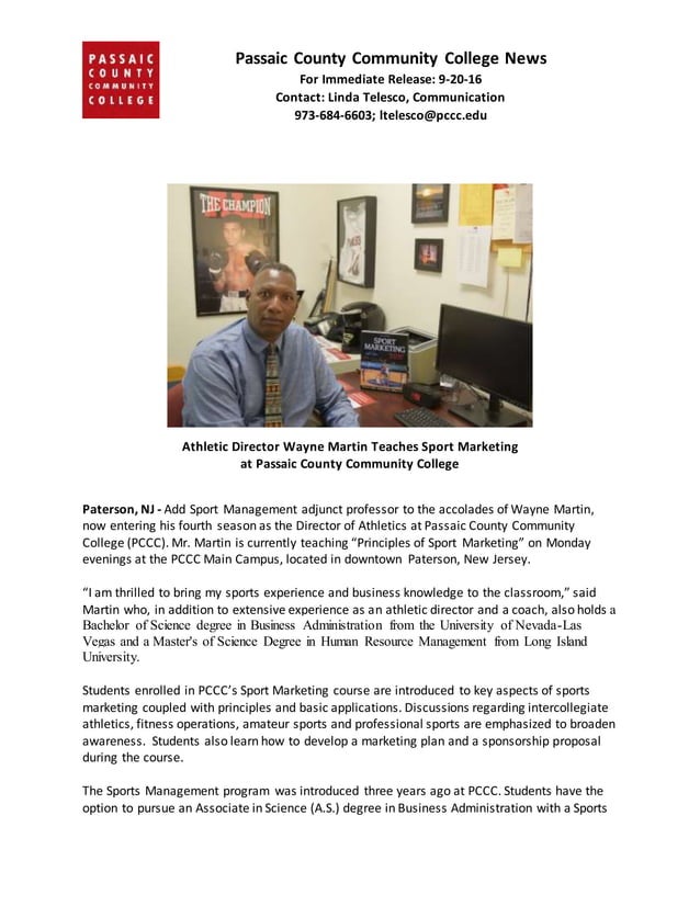 Wayne Martin Teaches Sport Marketing_NewsRelease_Sept2016 | PDF