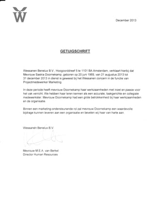 Getuigschrift Wessanen Benelux | PDF