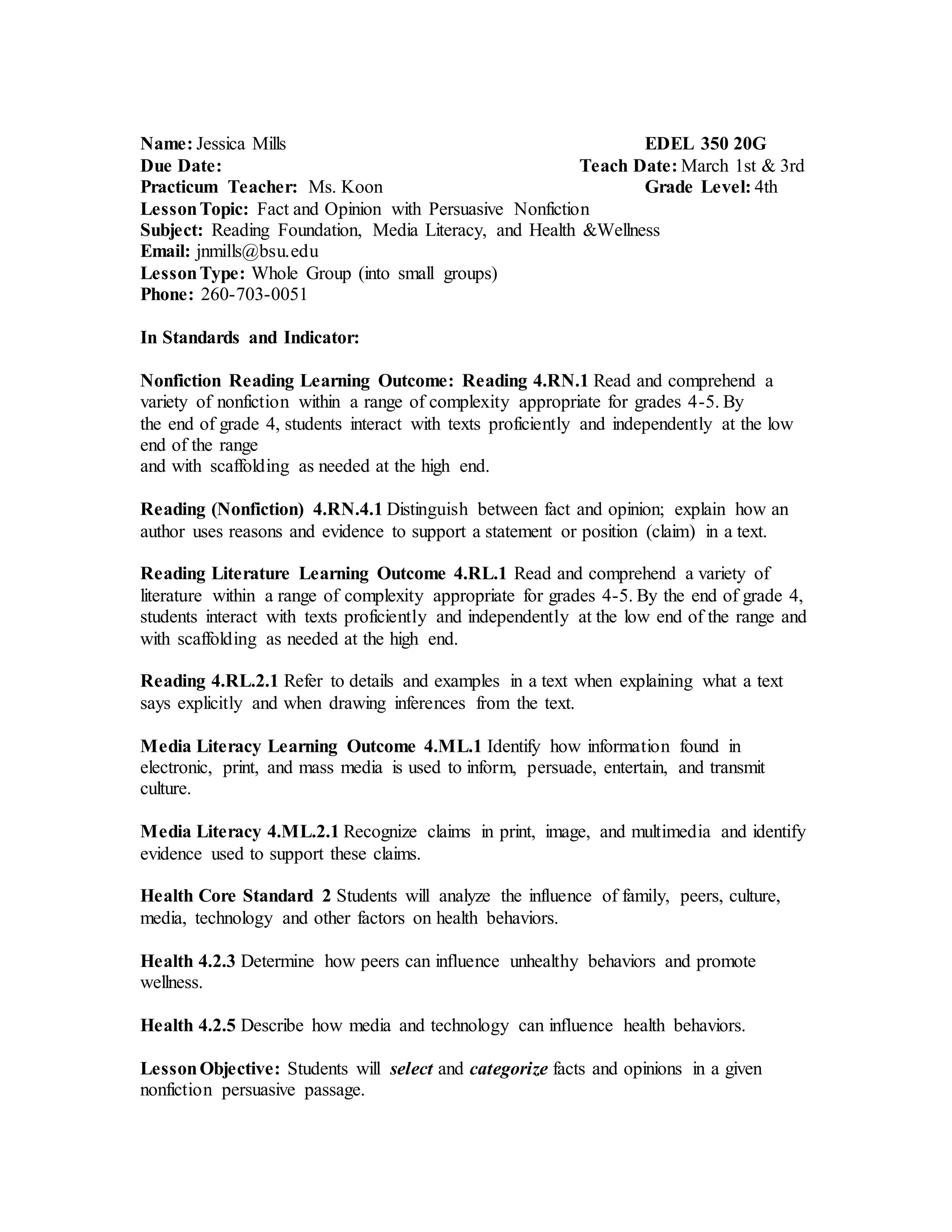 fact and opinion lesson plan | DOCX