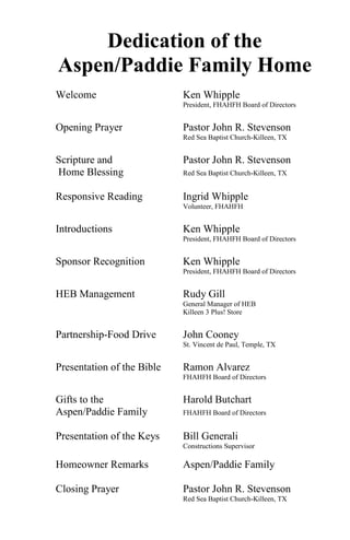 Dedication program for aspen paddie family | DOCX | Government Support ...