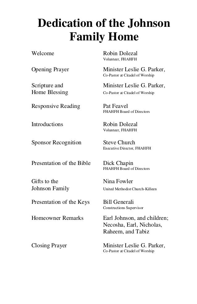 Dedication program for earl johnson family