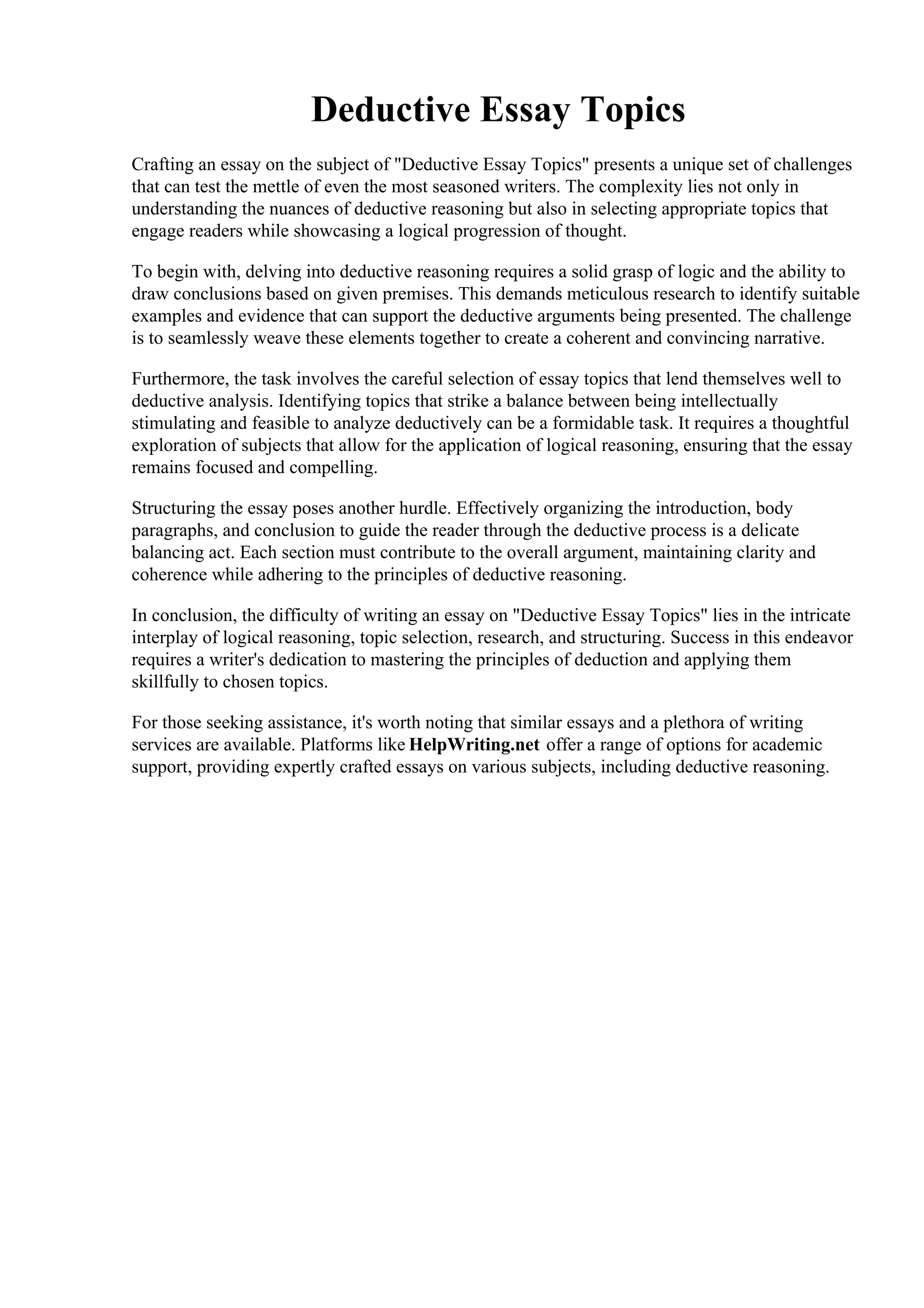 Deductive Essay Topics | PDF | Homework and Study | Education