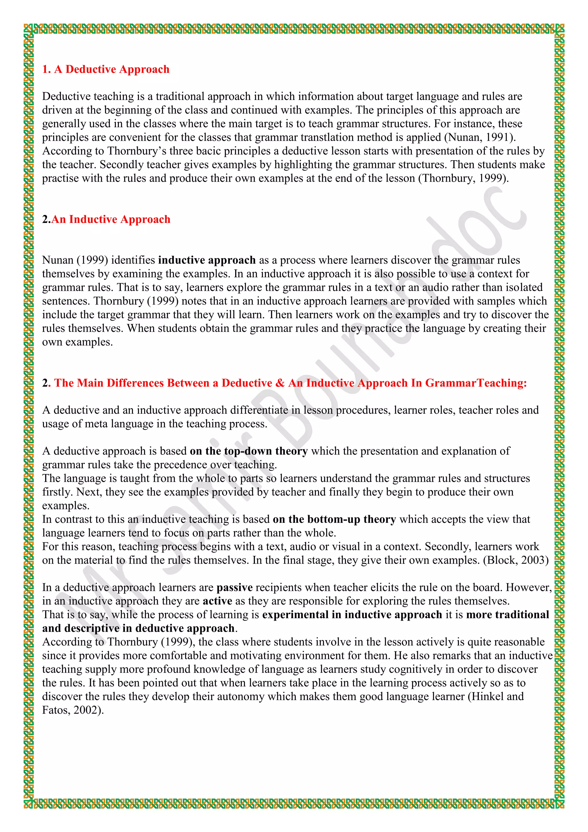 Deductive Vs Inductive Teaching Grammar Methods Pdf Educational