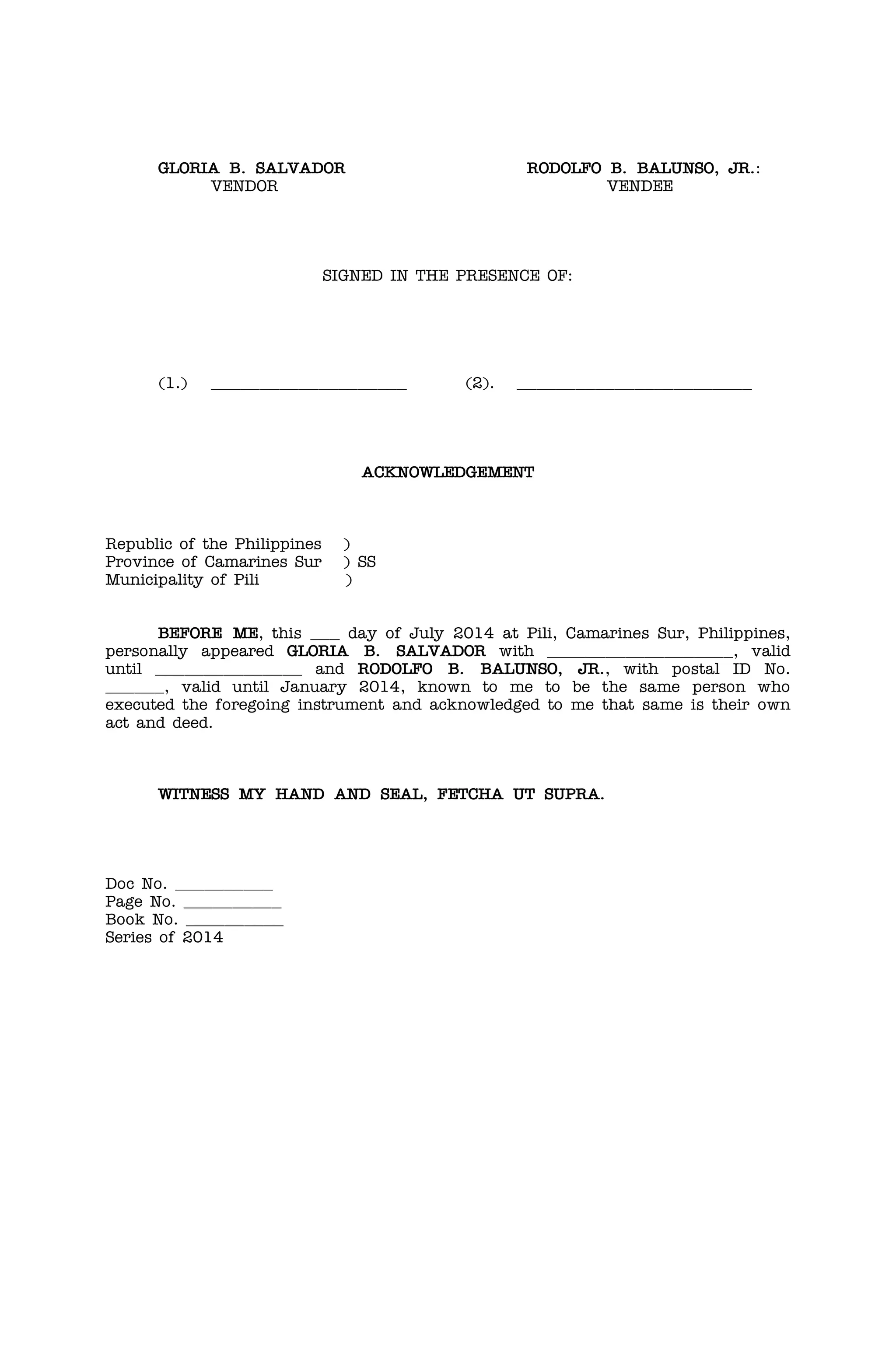 Deed of Absolute Sale Sample 1 | PDF