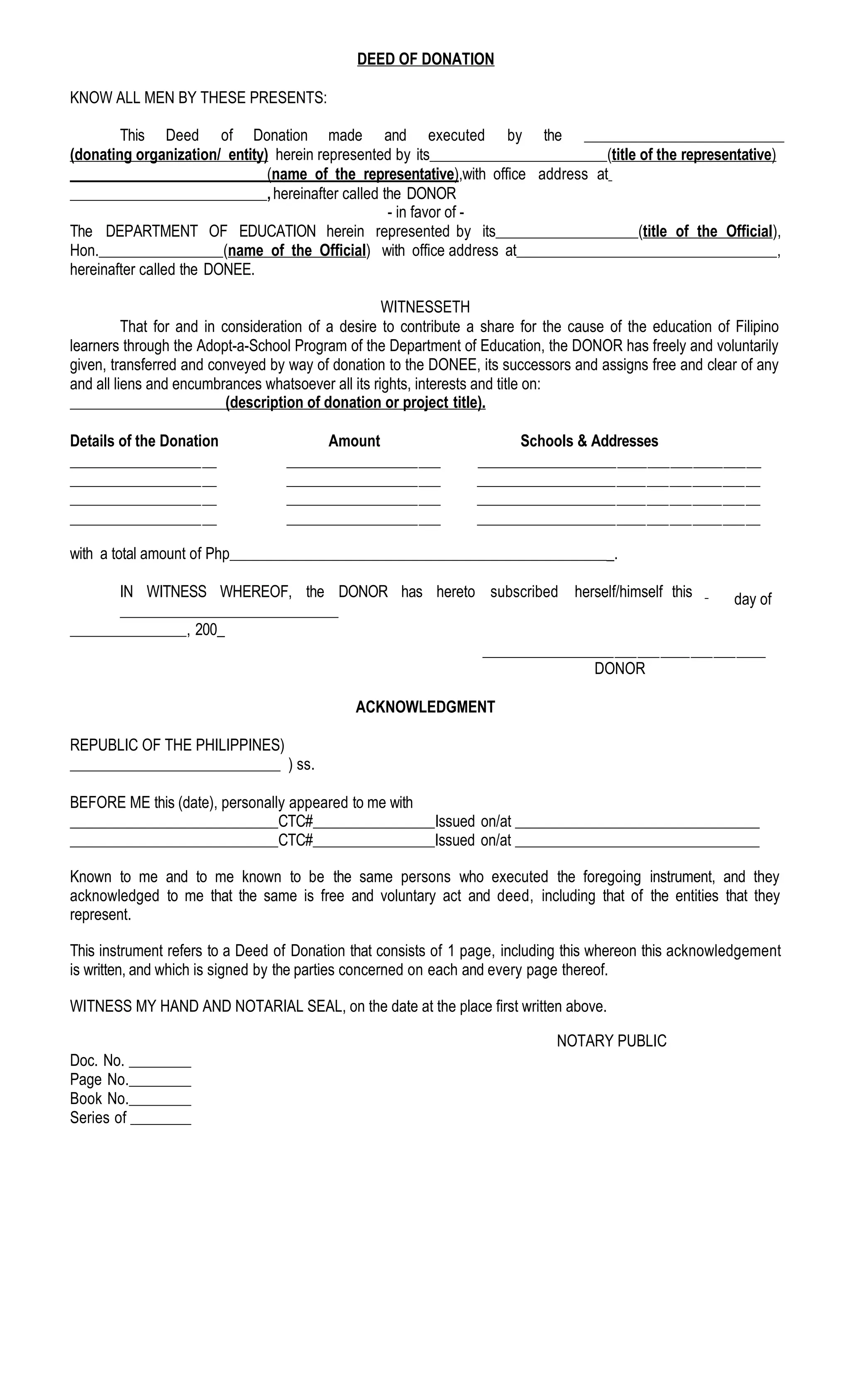 Deed of Donation Brigada Eskwela / Adopt A School | DOCX