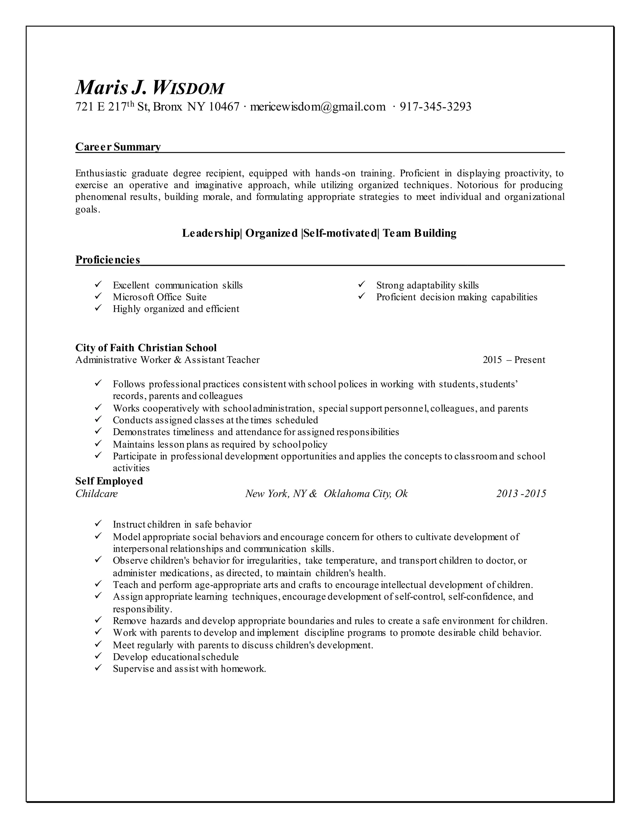 Maris Wisdom resume | DOCX