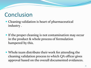 Cleaning Validation by- Deepak Kumar. | PPTX | Chemistry | Science