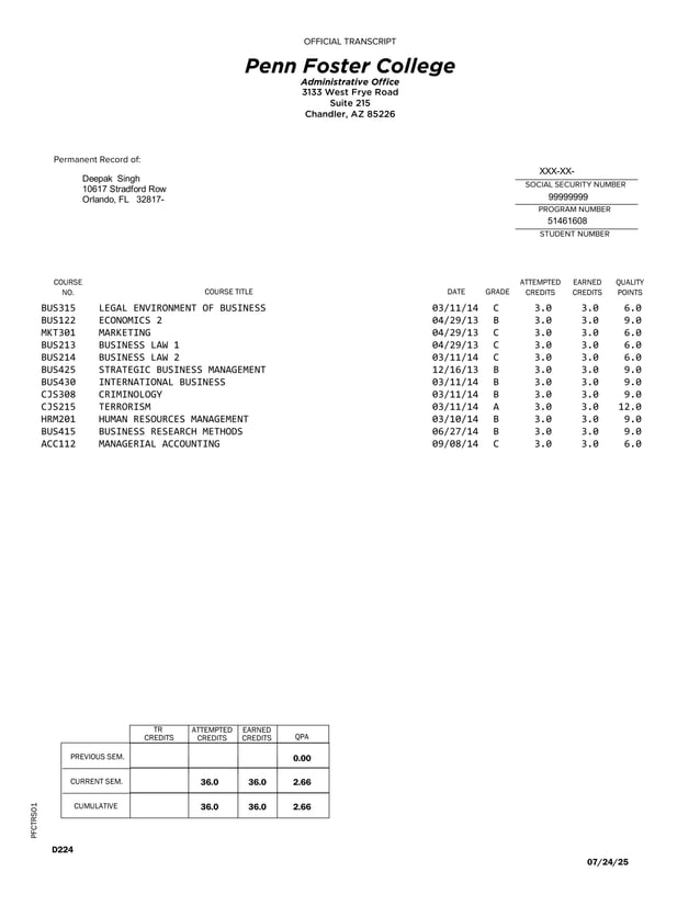 Deepak (Danny) Singh Penn Foster College Transcript July 24, 2025 | PDF