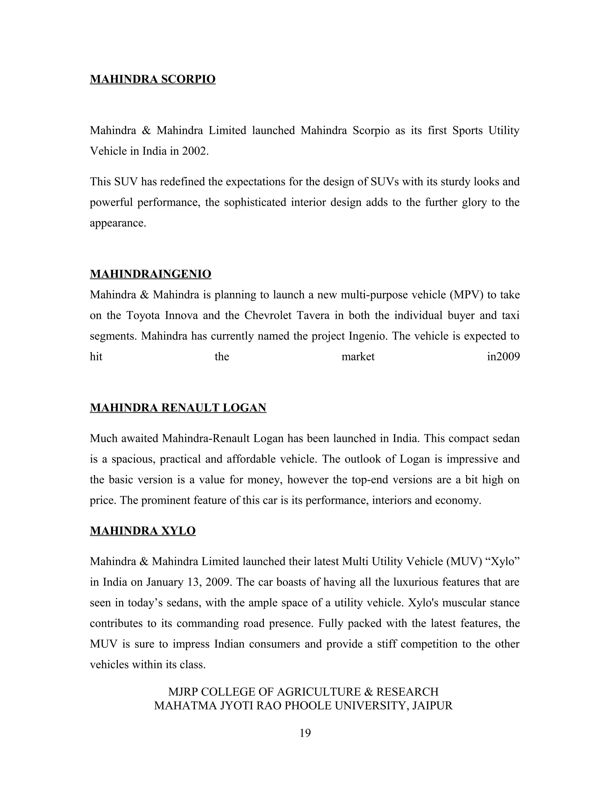 mahindra & mahindra project report | DOC