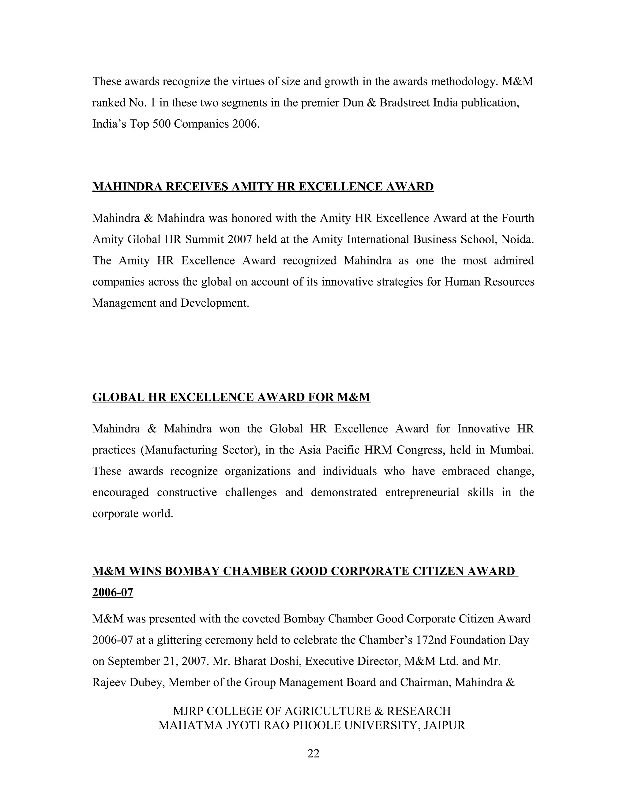 mahindra & mahindra project report | DOC