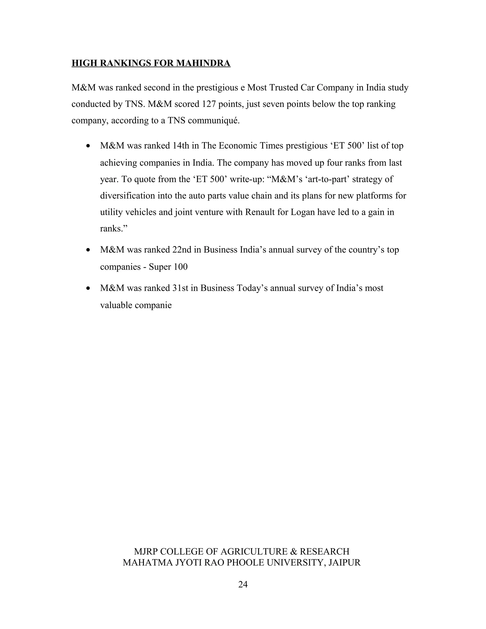 mahindra & mahindra project report | DOC