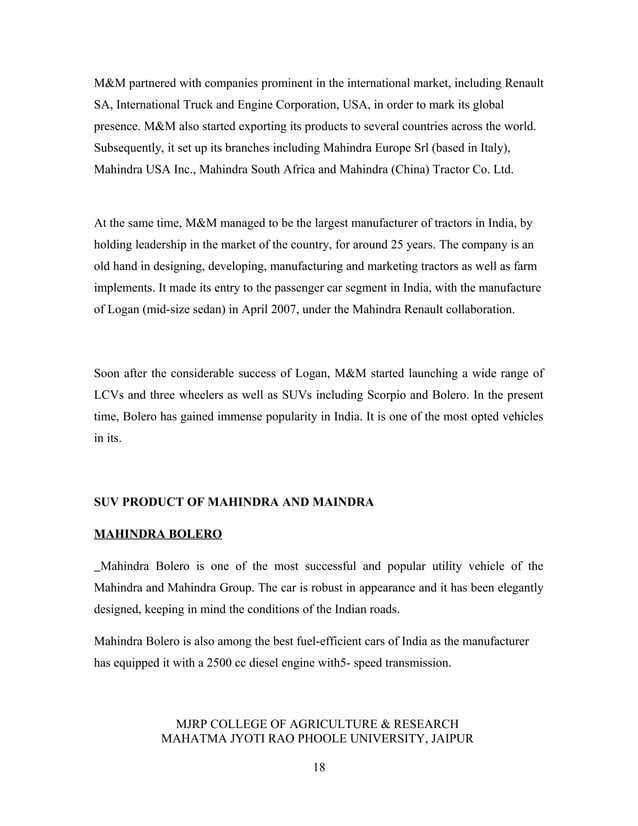 mahindra & mahindra project report | DOC | Automotive Industry | Industries