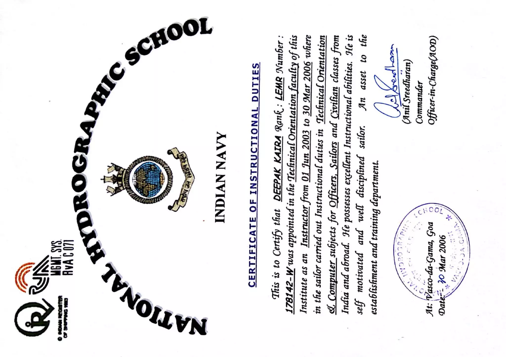 Instructor National Hydrographic School, India (IHO Cat ‘a’ certified institution) | PDF