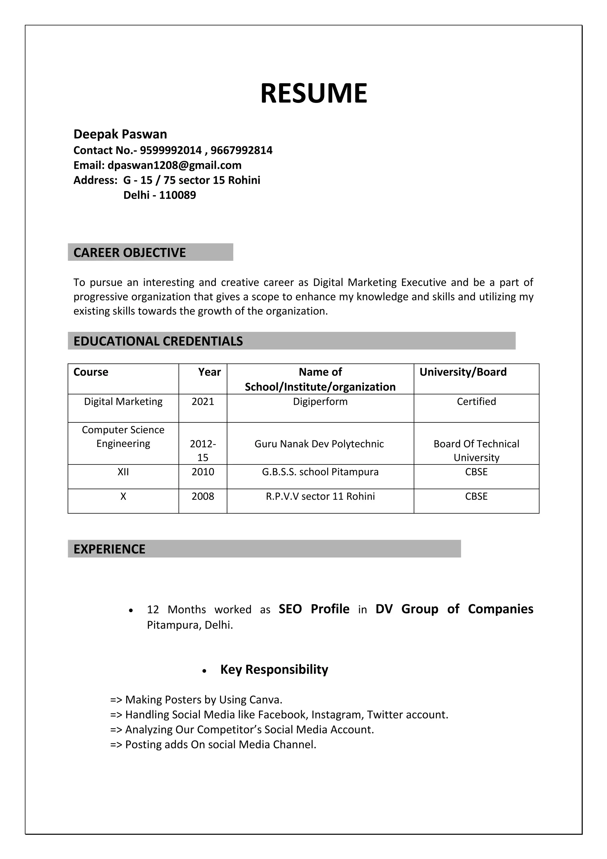 Deepak Resume this is my cv realted to accountant and other skill | PDF ...