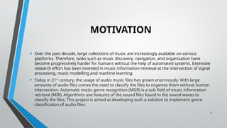 musicGenreClassificationUsingMachineLearning.pptx | Digital Audio | Computer Software and ...