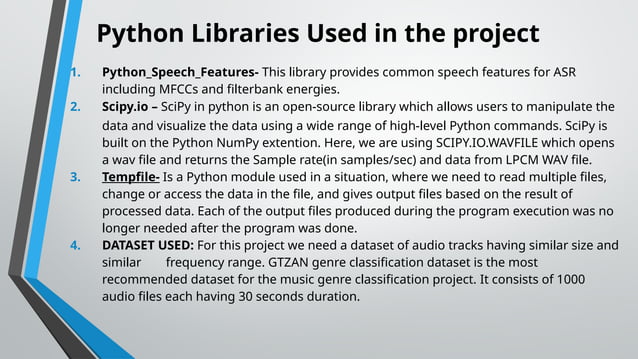 musicGenreClassificationUsingMachineLearning.pptx | Digital Audio | Computer Software and ...