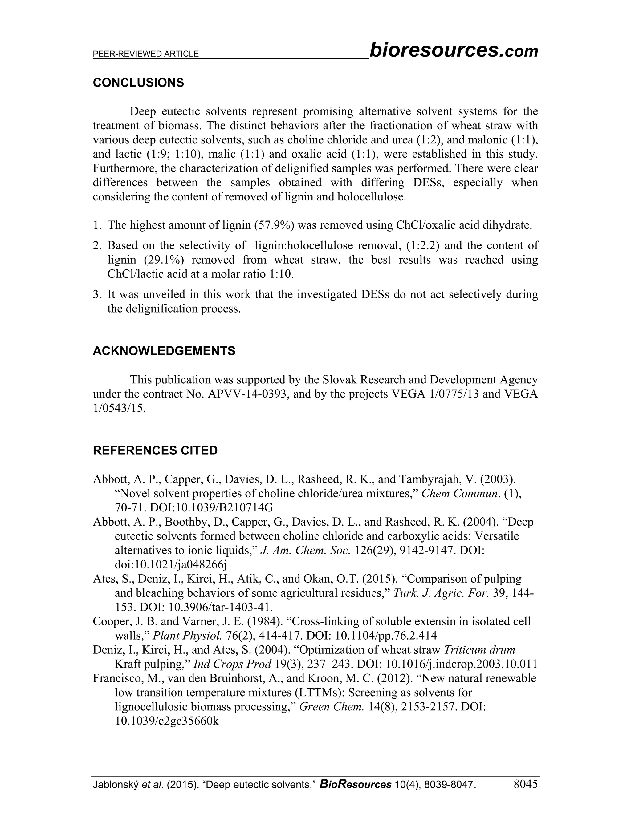 Deep Eutectic Solvents: Fractionation of Wheat Straw | PDF