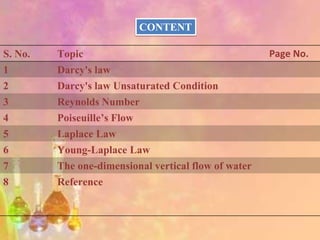 Fundamentals of fluid flow, Darcy's law, Unsaturated Condition ...