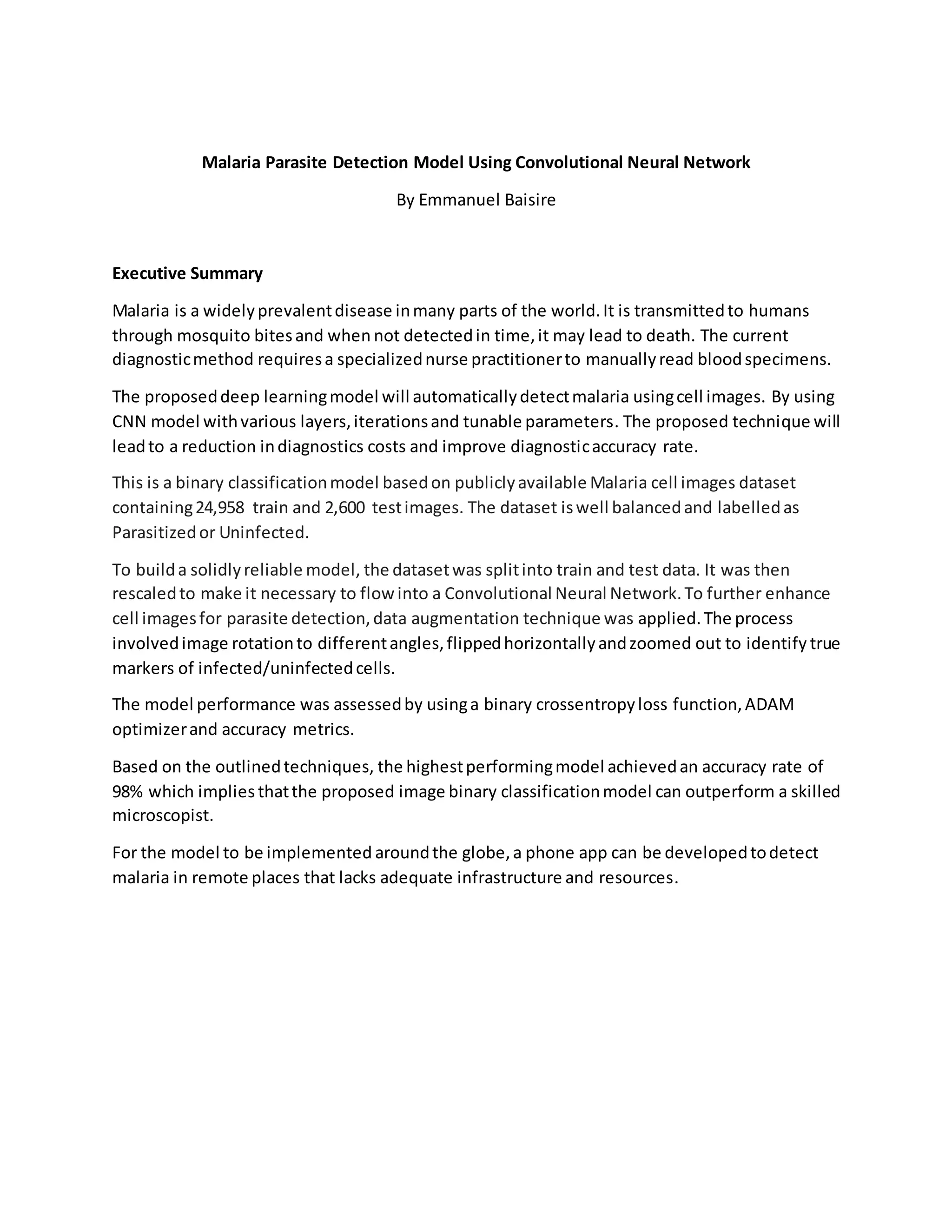 Deep Learning Malaria Detection Model By Emmanuel Baisire Pdf