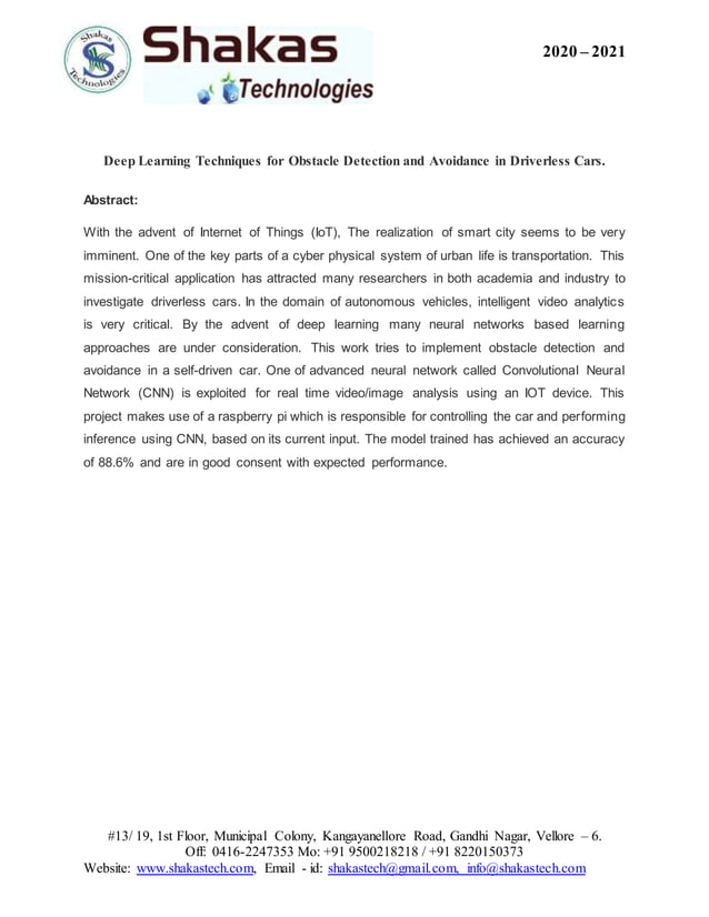 Deep learning techniques for obstacle detection and avoidance in driverless cars. | PDF