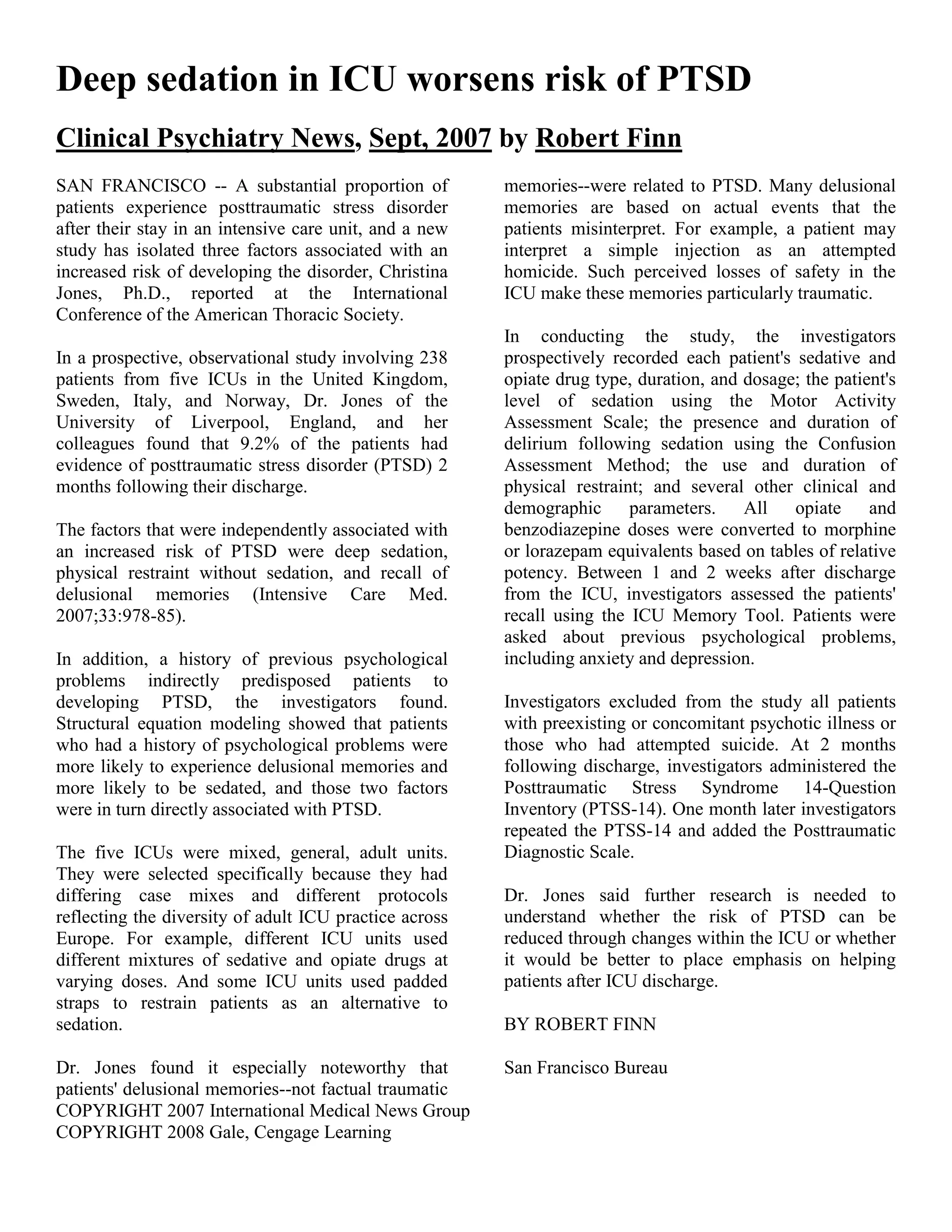 Deep sedation in icu worsens risk of ptsd, 2007 | PDF