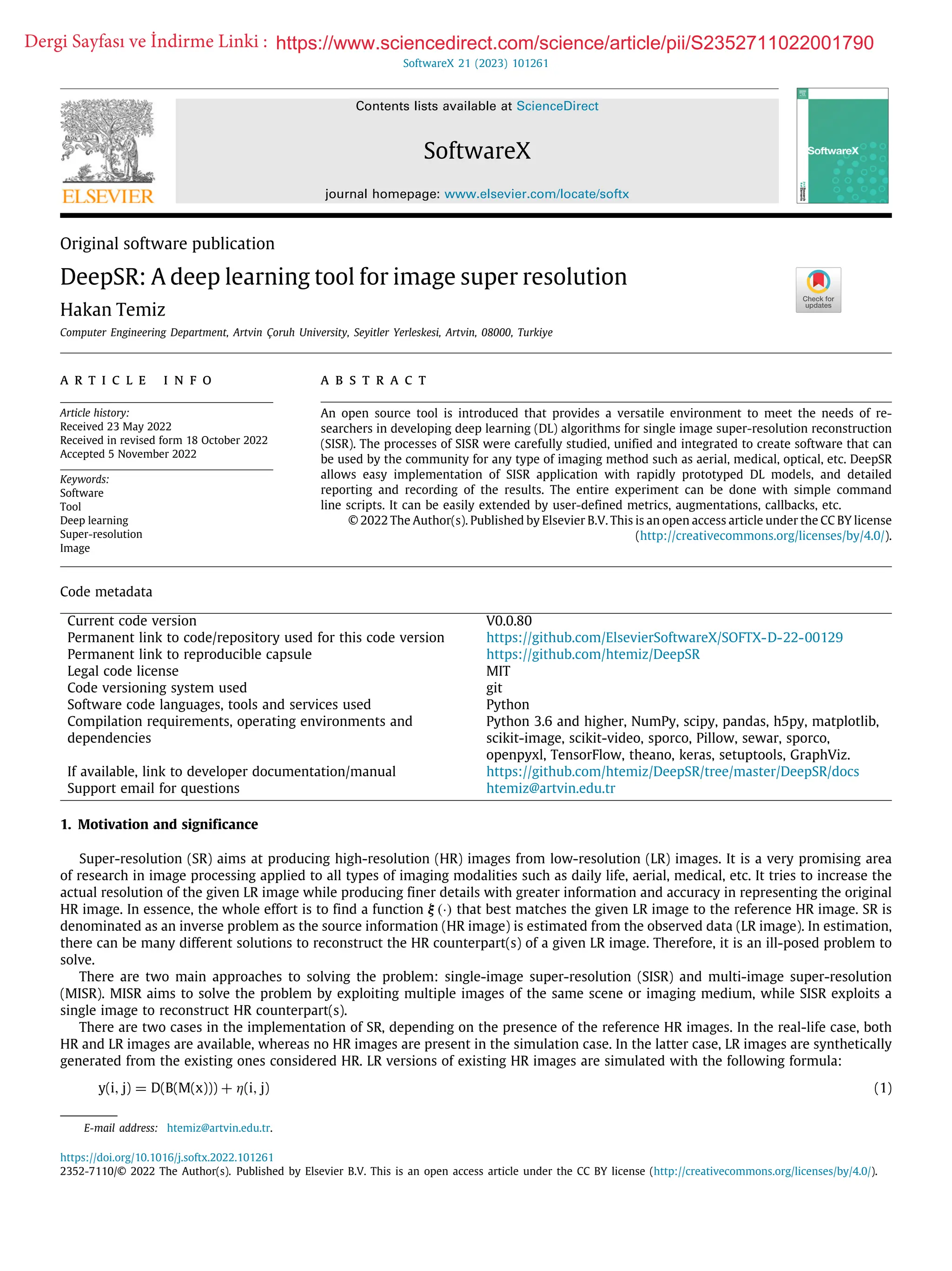 DeepSR A deep learning tool for image super resolution. DOI-10.1016j ...
