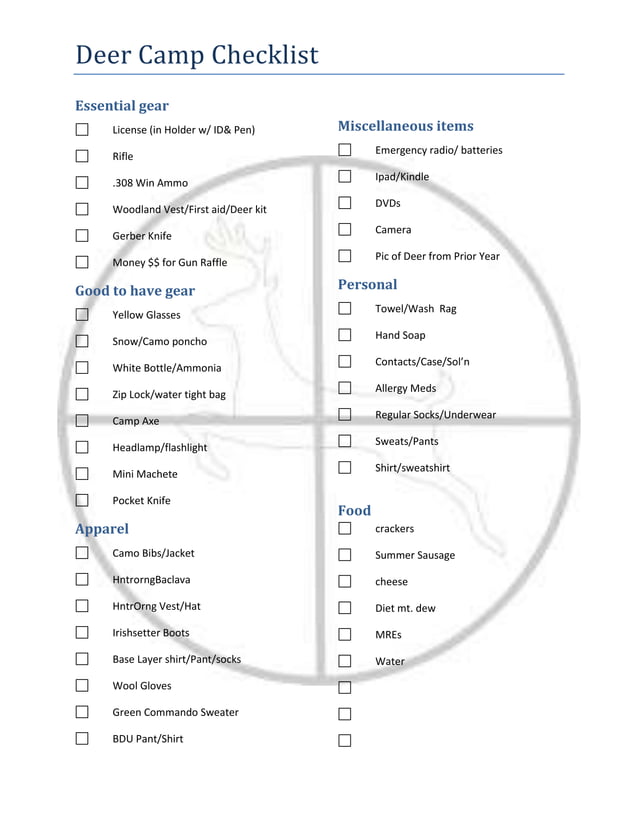 Deer camp checklist | DOCX