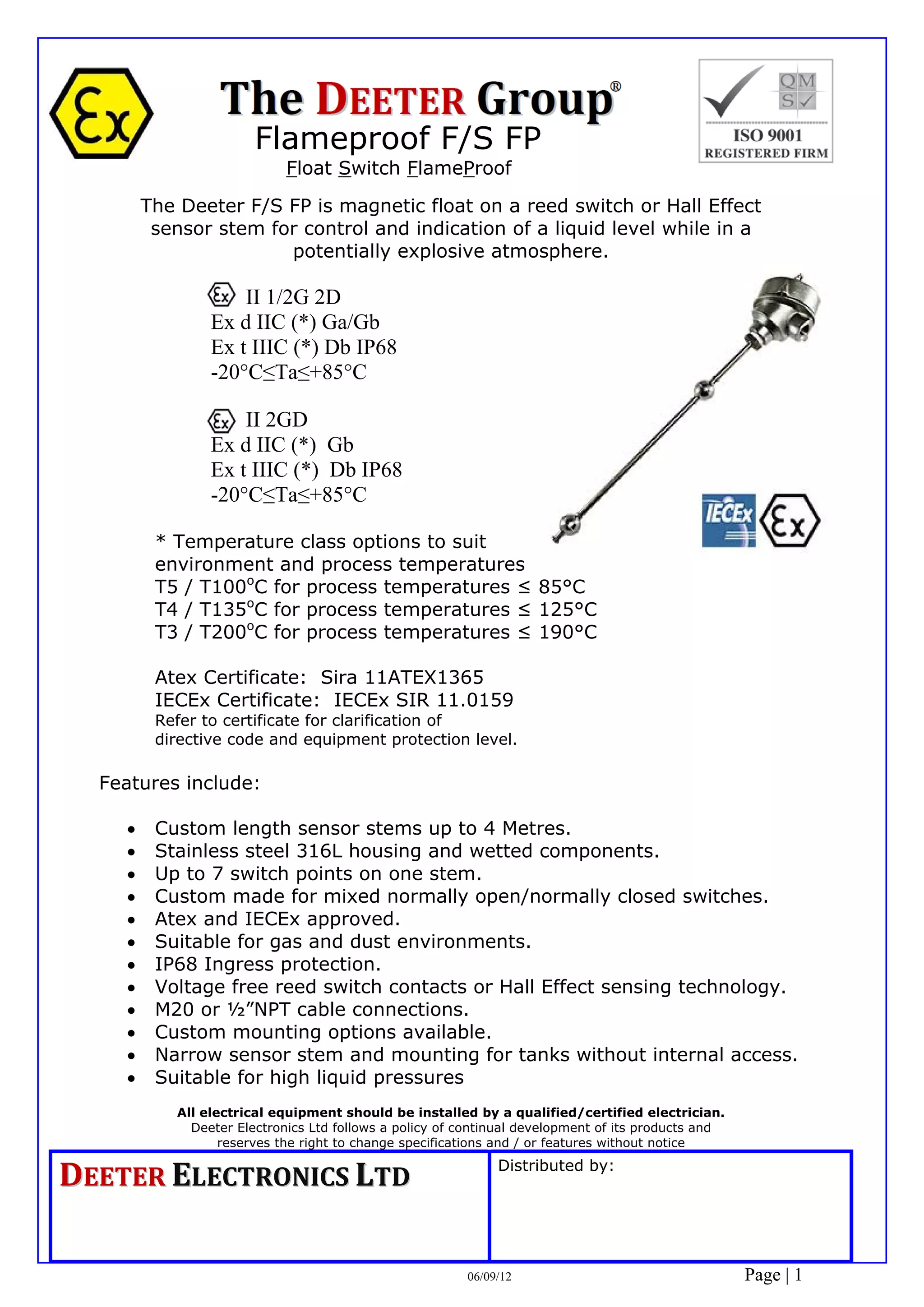 Deeter FS FP Flameproof Float Switch Spec Sheet | PDF