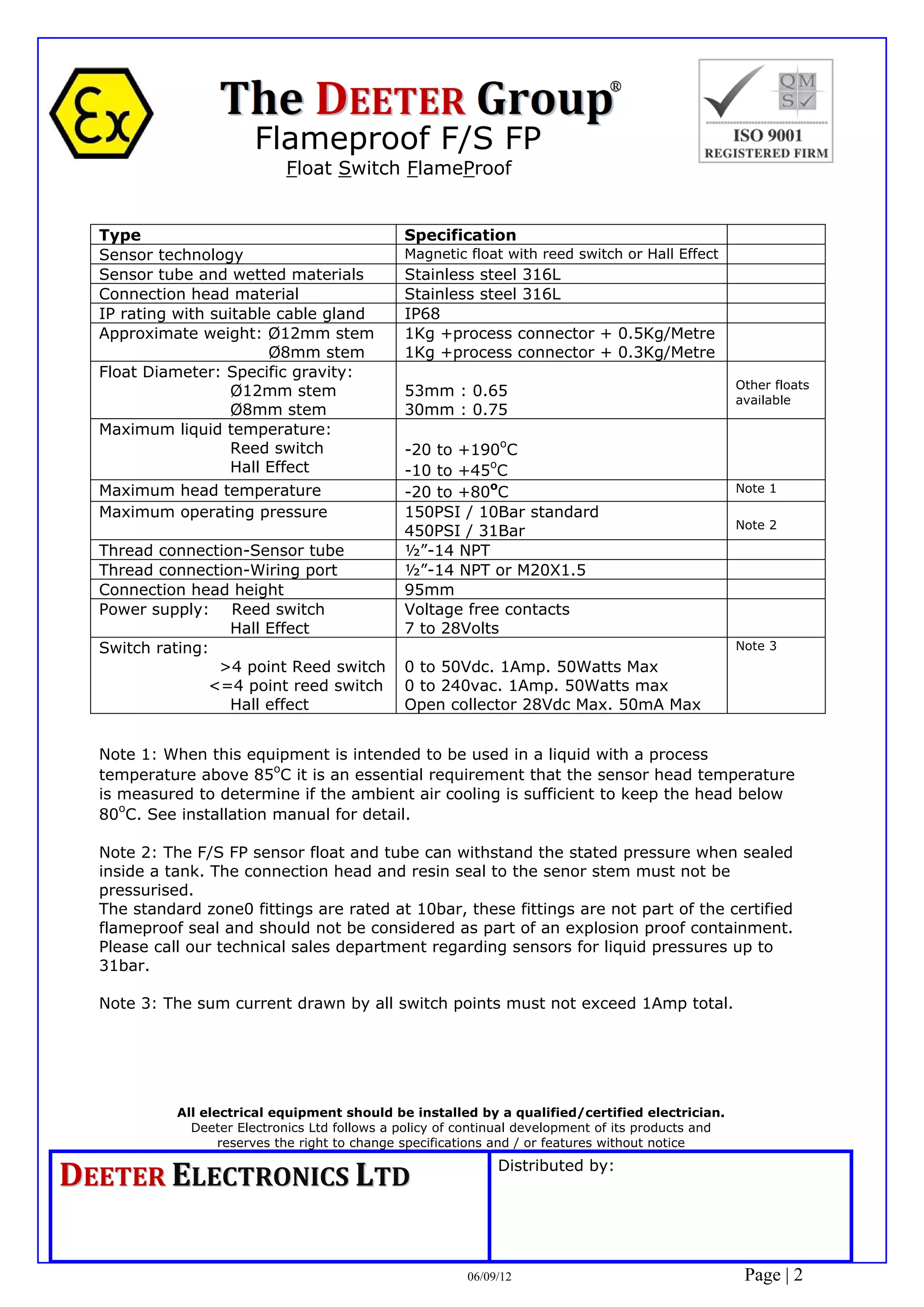 Deeter FS FP Flameproof Float Switch Spec Sheet | PDF