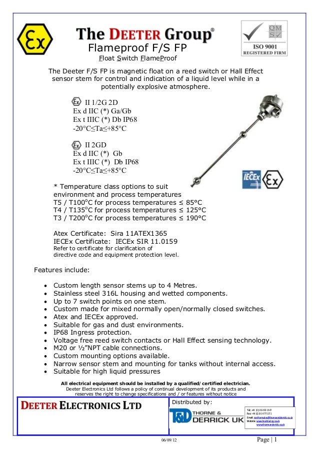 Deeter FS FP Flameproof Float Switch Spec Sheet