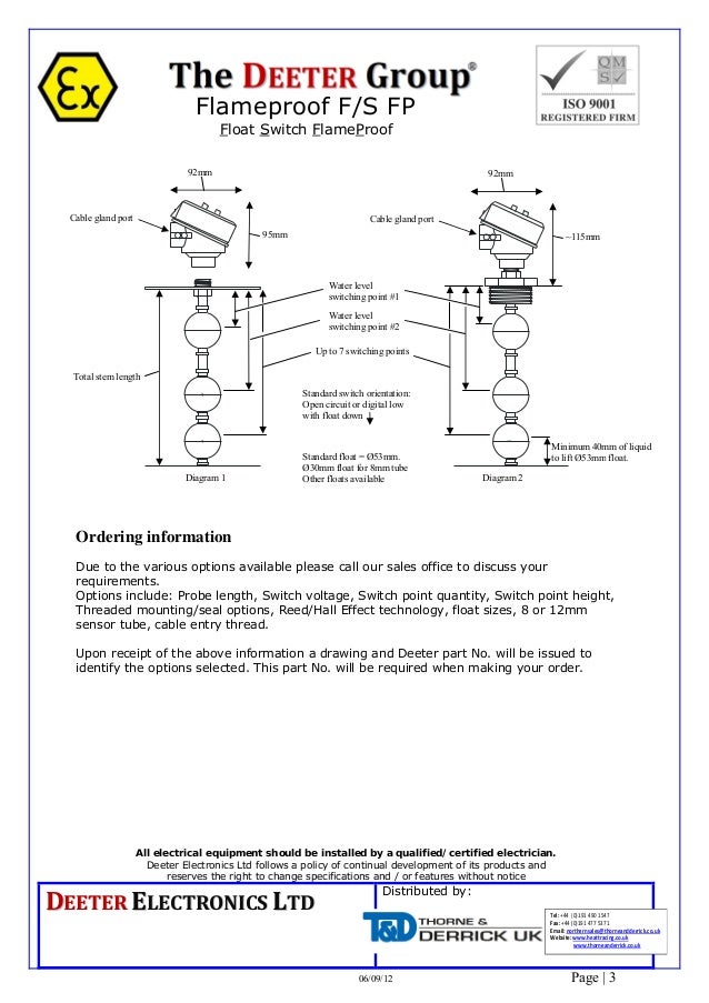 Deeter FS FP Flameproof Float Switch Spec Sheet