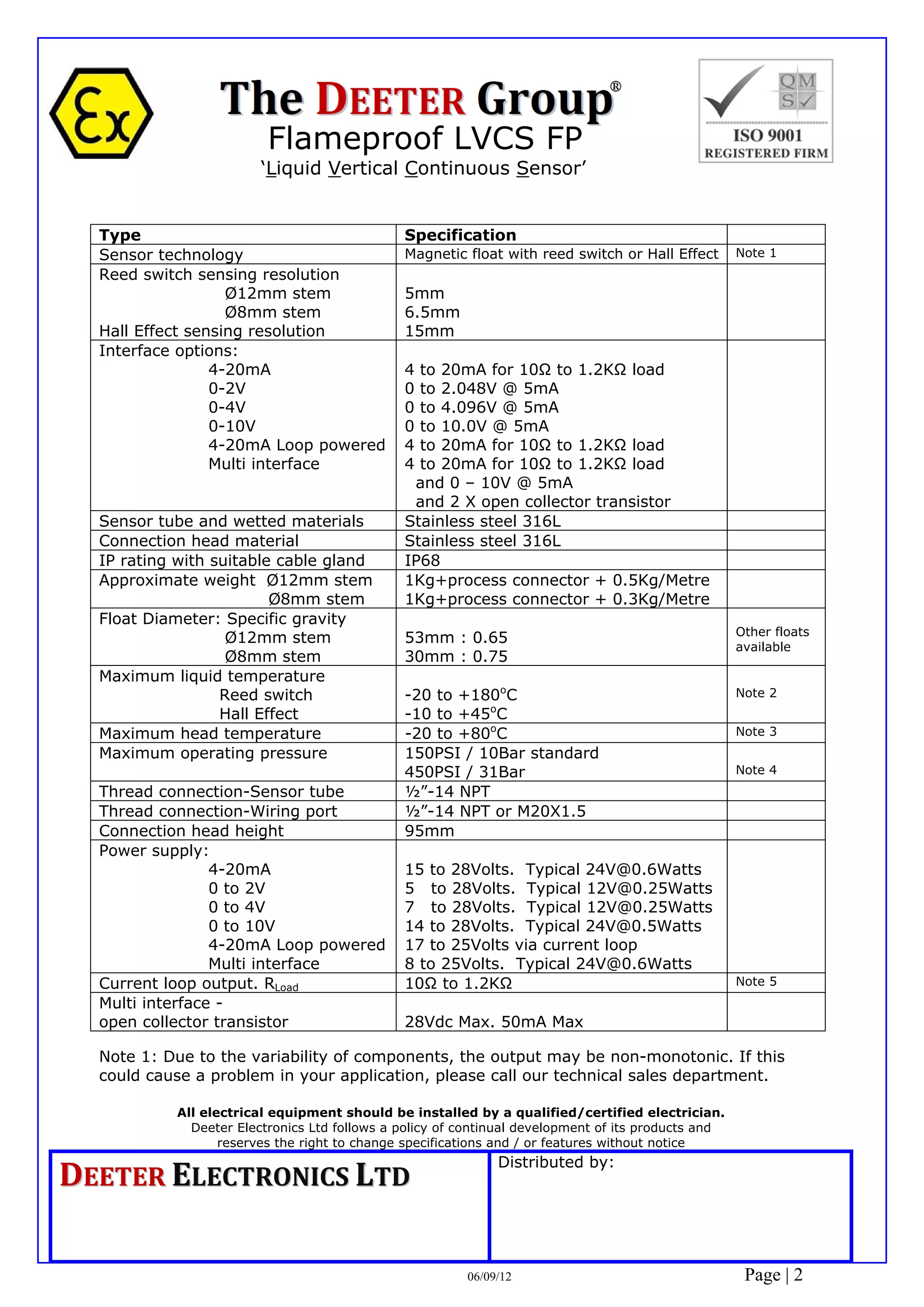 Deeter LVCS FP Flameproof Liquid Vertical Continuous Sensor - Spec Sheet | PDF