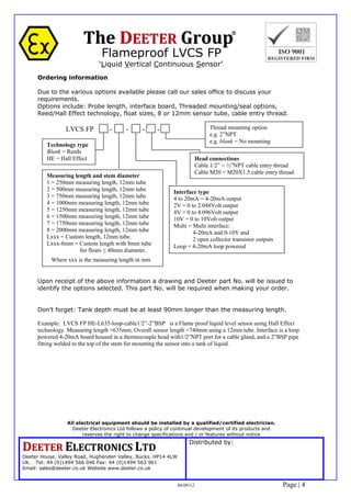 Deeter LVCS FP Flameproof Liquid Vertical Continuous Sensor - Spec Sheet | PDF