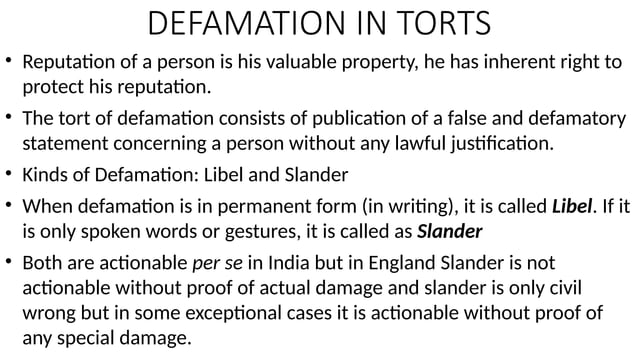 DEFAMATION IN TORTS (Law of Torts in India).pptx | Law