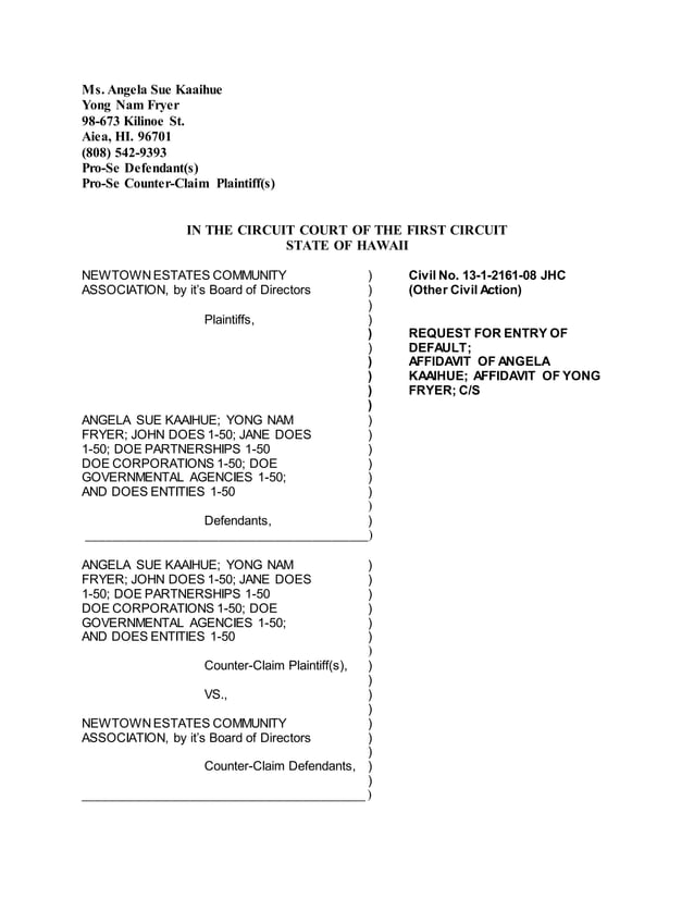 Request for Entry of Default Judgment in favor for Angela Kaaihue | PDF