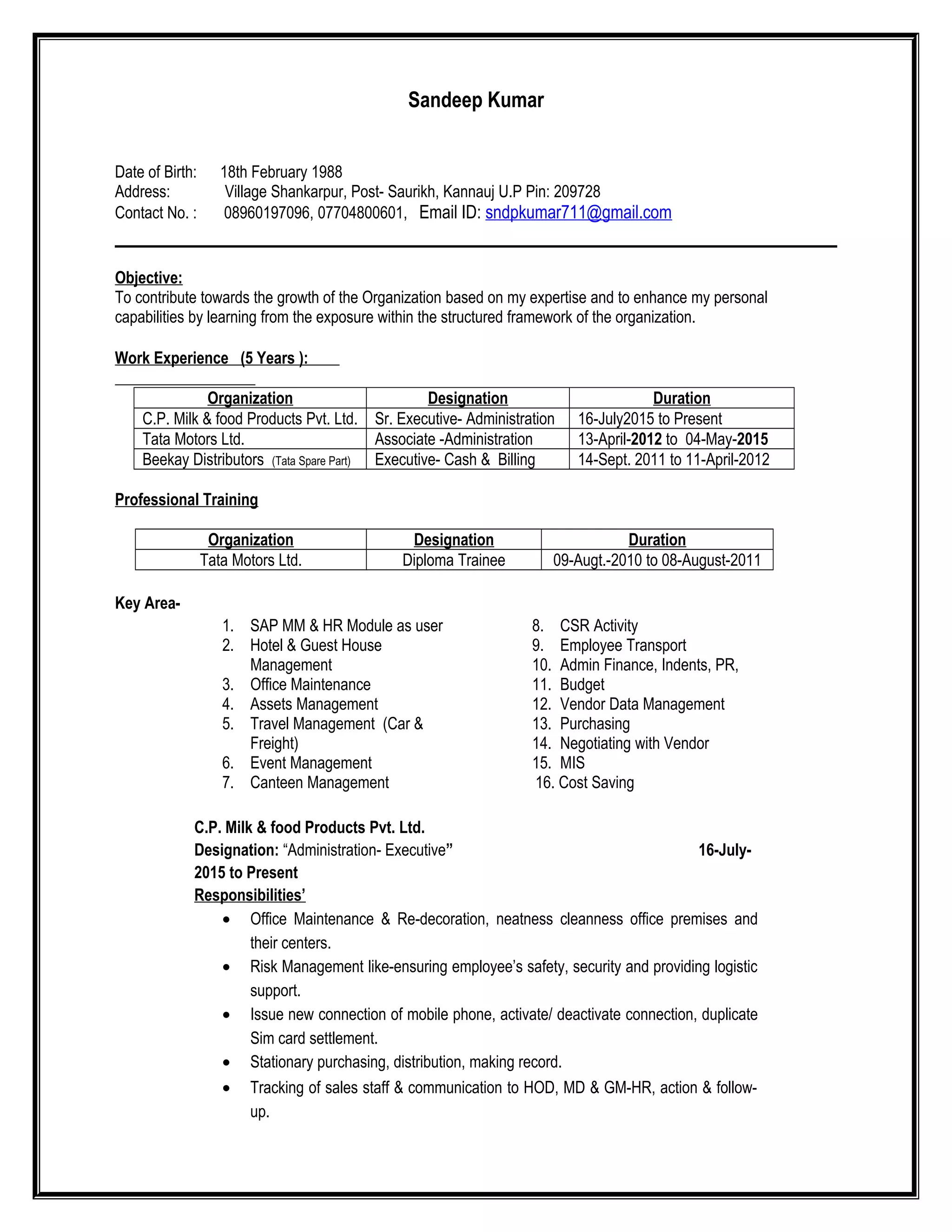 Resume Sandeep Kumar | DOC | Resume Writing and Advice | Job Search