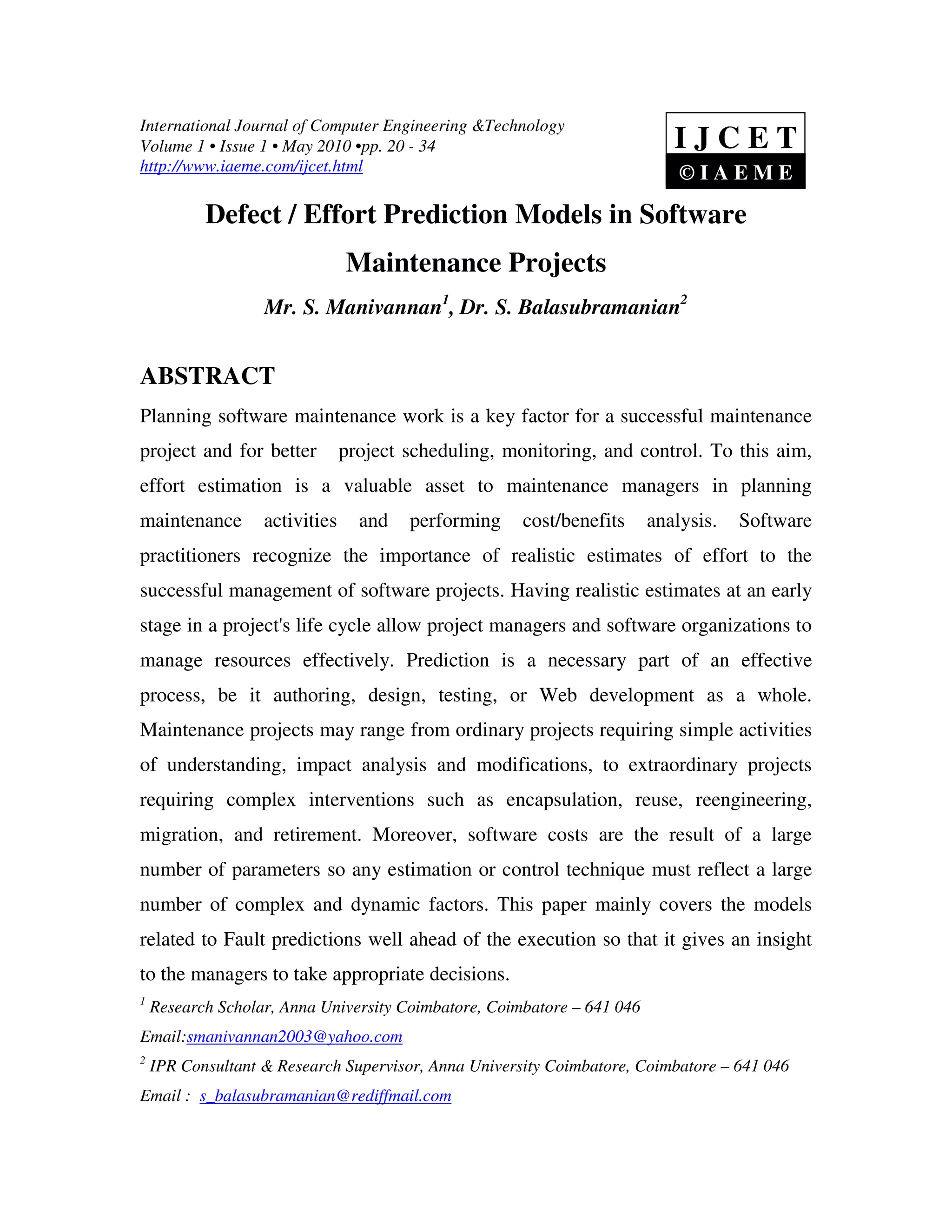 Defect Effort Prediction Models In Software Maintenance Projects Pdf