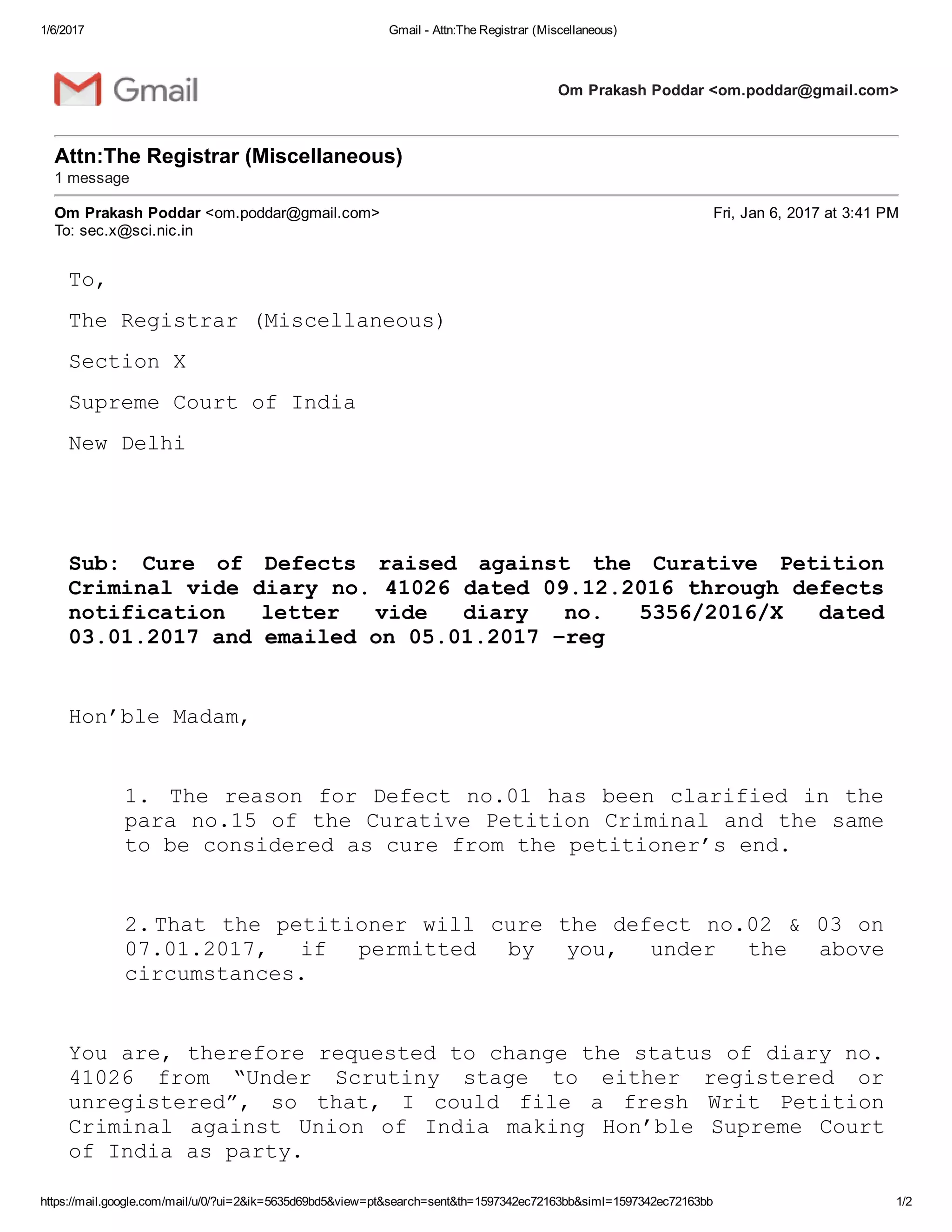 Defects Cure Letter by Om Prakash Poddar dated 06.01.2017