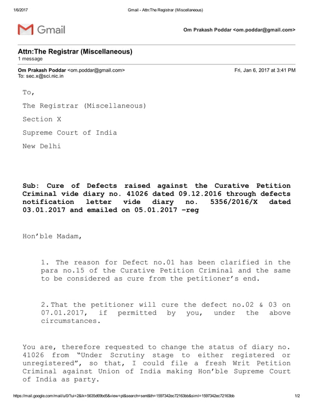 Defects Cure Letter by Om Prakash Poddar dated 06.01.2017