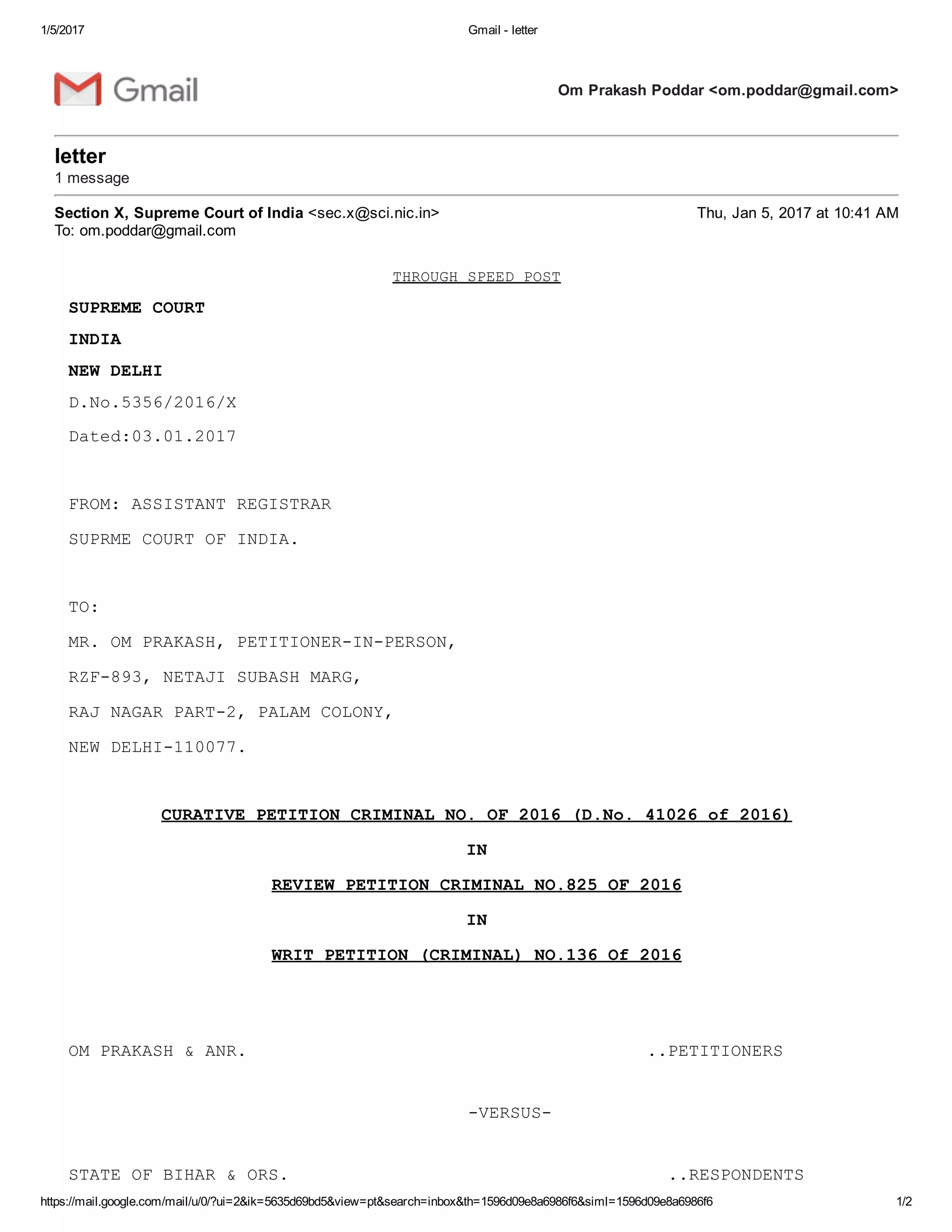 Defects Notification Letter Issued by Section X of Supreme Court of ...