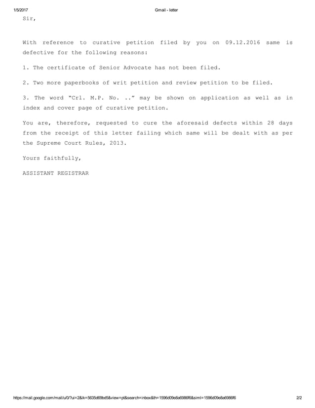 Defects Notification Letter Issued by Section X of Supreme Court of ...