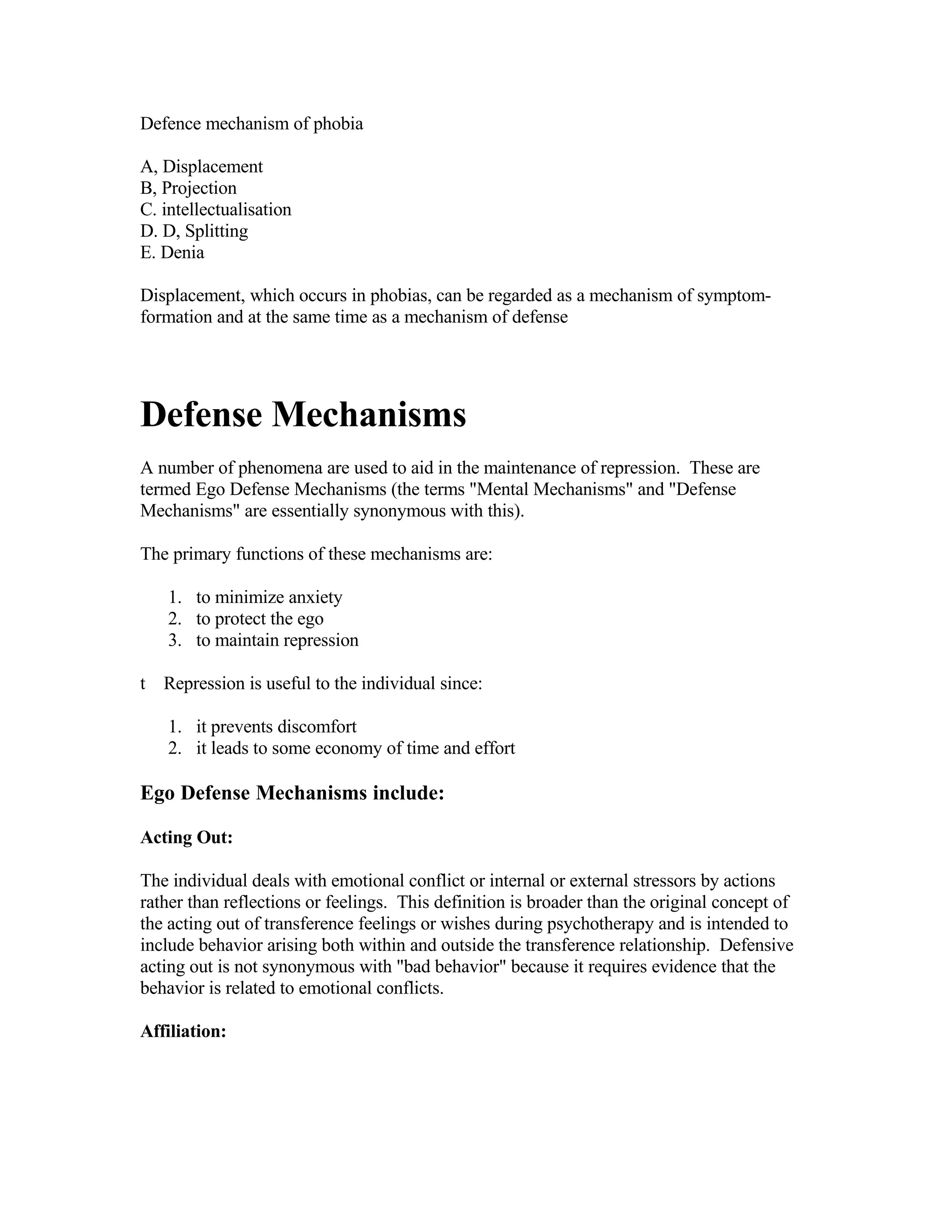 Defence Mechanism Of Phobia | DOC