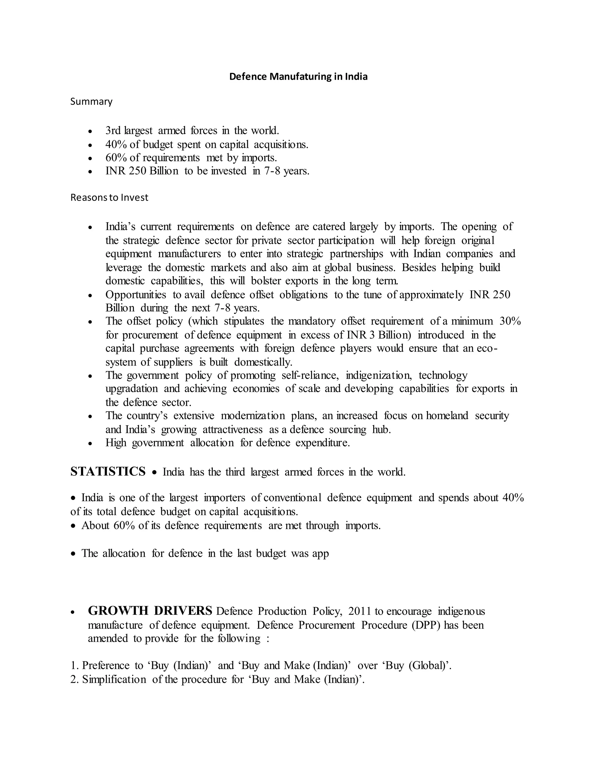 Defence manufaturing in India | DOCX