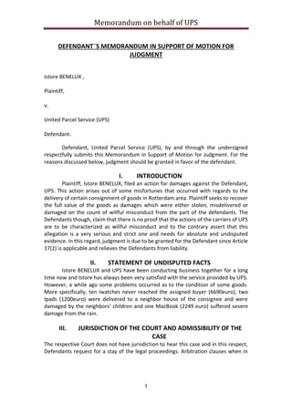 Defendant´s memo in support of motion for judgment (Grade 8,4/10) | PDF ...