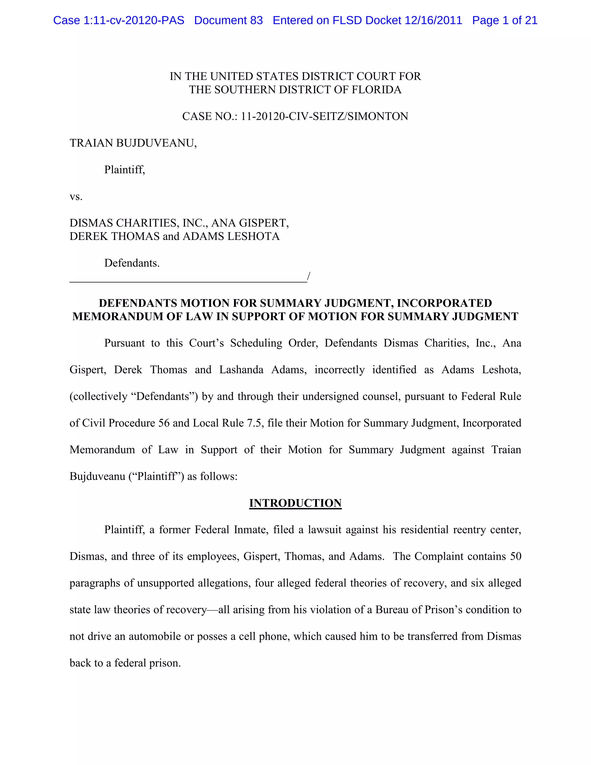 Defendants motion for summary judgment, incorporated memorandum of law ...