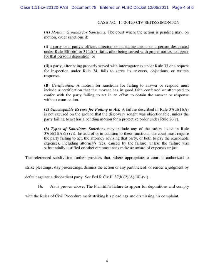 Defendants motion to dismiss action for failure to appear at depositi… Defendants motion to dismiss action for failure to appear at depositi…