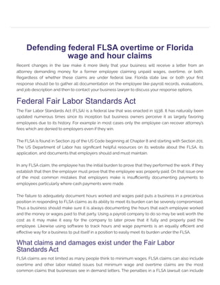 Defending federal overtime or Florida wage and hour claims by business ...