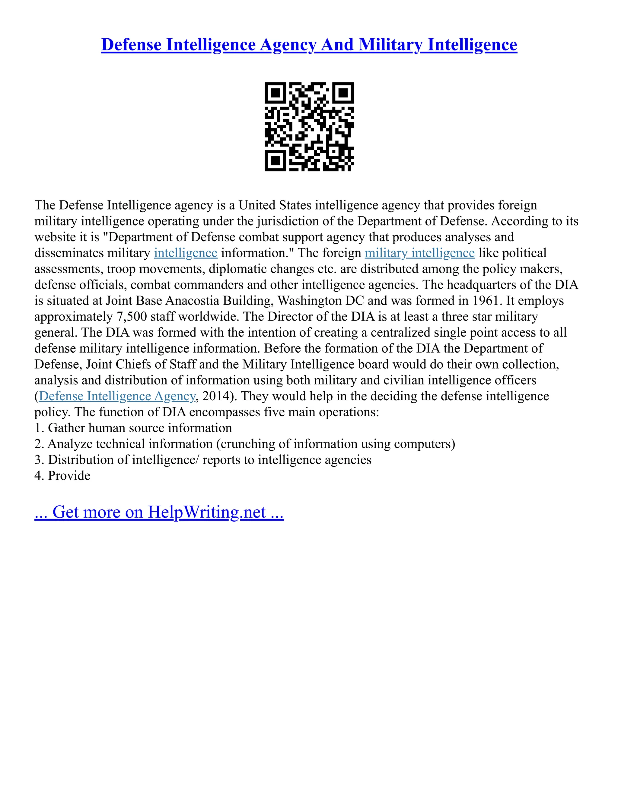 Defense Intelligence Agency And Military Intelligence | PDF